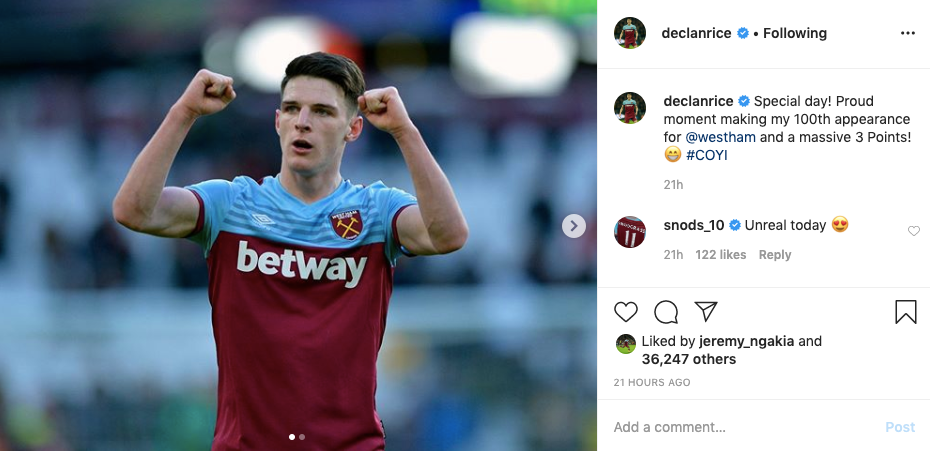 West Ham teammates comment on Declan Rice's Instagram post