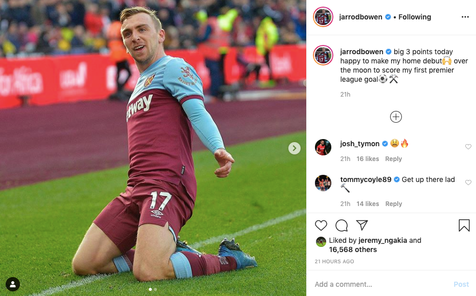 Jarrod Bowen posts after his first West Ham goal